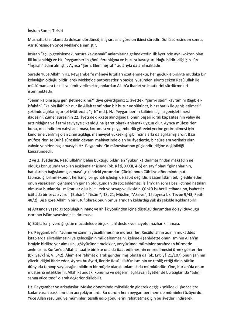 İnşirah Suresi Okunuşu - Türkçe Anlamı ve Meali, Arapça yazılışı, Faziletleri ve Tefsiri (Diyanet)